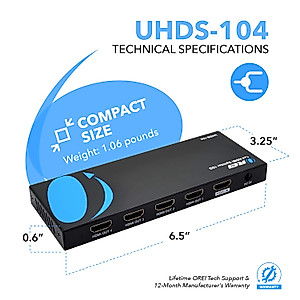 OREI 1 in 4 Out HDMI Splitter, 4K @ 60Hz 2.0 HDMI Splitter 2 Ports with Full Ultra HDCP 2.2, 18 Gbps & 3D Supports EDID Control