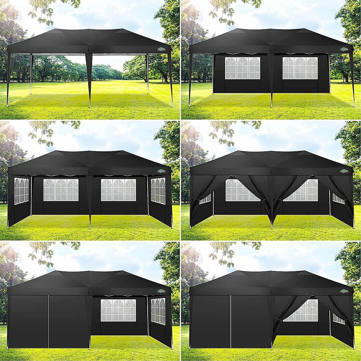 COBIZI 10x20 Pop up Canopy Tent with 6 Sidewalls, Waterproof Portable Outdoor Canopy 10x20 Ez up Instant Shelter Tent for Parties, Wedding, Backyard, Carport with Carry Bag, Stakes, Ropes, Black