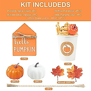 Fall Decor-Fall Decorations for Home-Pumpkin Spice Latte Cups-Artificial Pumpkins-Bead Garland and Wood Sign-Farmhouse Tiered Tray Items for Autumn Thanksgiving Harvest Decoration