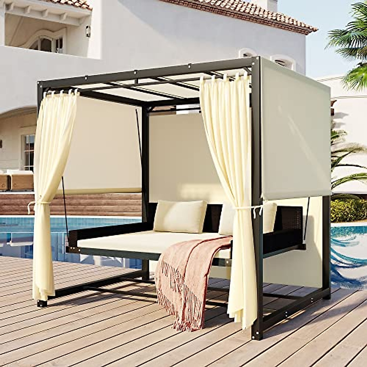 Campfun Patio Swing Bed, 3-Seat Outdoor Swing Bed, Daybed Swings for Outside Porch Bed, Patio Rattan Swing Bench with Steel Stand/Canopy/Curtain/Cushion and Pillow for Backyard Lawn Poolside, Beige