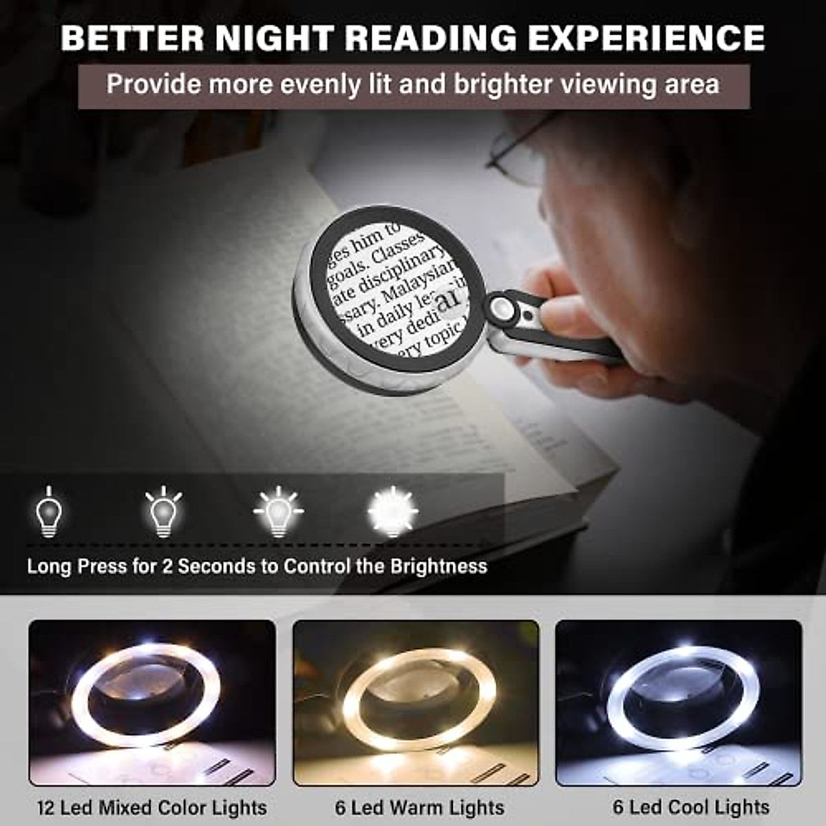 Magnifying Glass with Light-6X 10X 12 LED Handheld Illuminated Lighted Magnifying Glasses, 3 Cool and Warm Light Modes & Adjustable Brightness, Magnifier for Close Work, Seniors Reading,Powered by USB