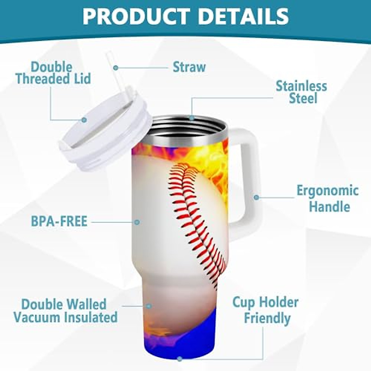ODAWA 30 Oz Baseball Flames Blue Insulated Tumbler Cup with Lid and Straw, 2 in 1 Lid Insulated Stainless Steel Tumblers