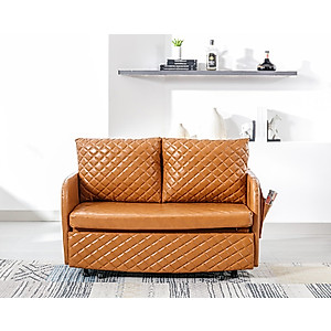 KINFFICT PU Leather Pull Out Sofa Bed, Convertible Small Loveseat Sleeper with Storage Drawer and 2 Pillows, 2 in 1 Futon Couch with Removable Pocket, Modern Love Seat for Living Room, Light Brown