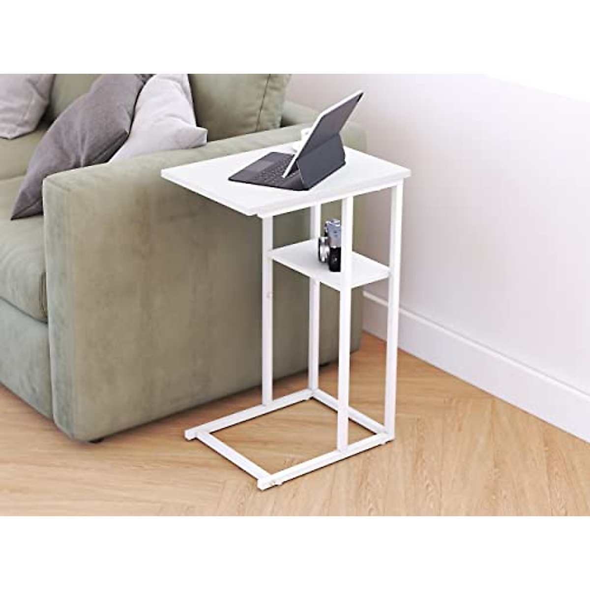 Yusong C Shaped End Table, Small Side Tables Slide Under Sofa Couch Bed, Small TV Tray Bedside Table for Small Spaces, Living Room, Bedroom, White
