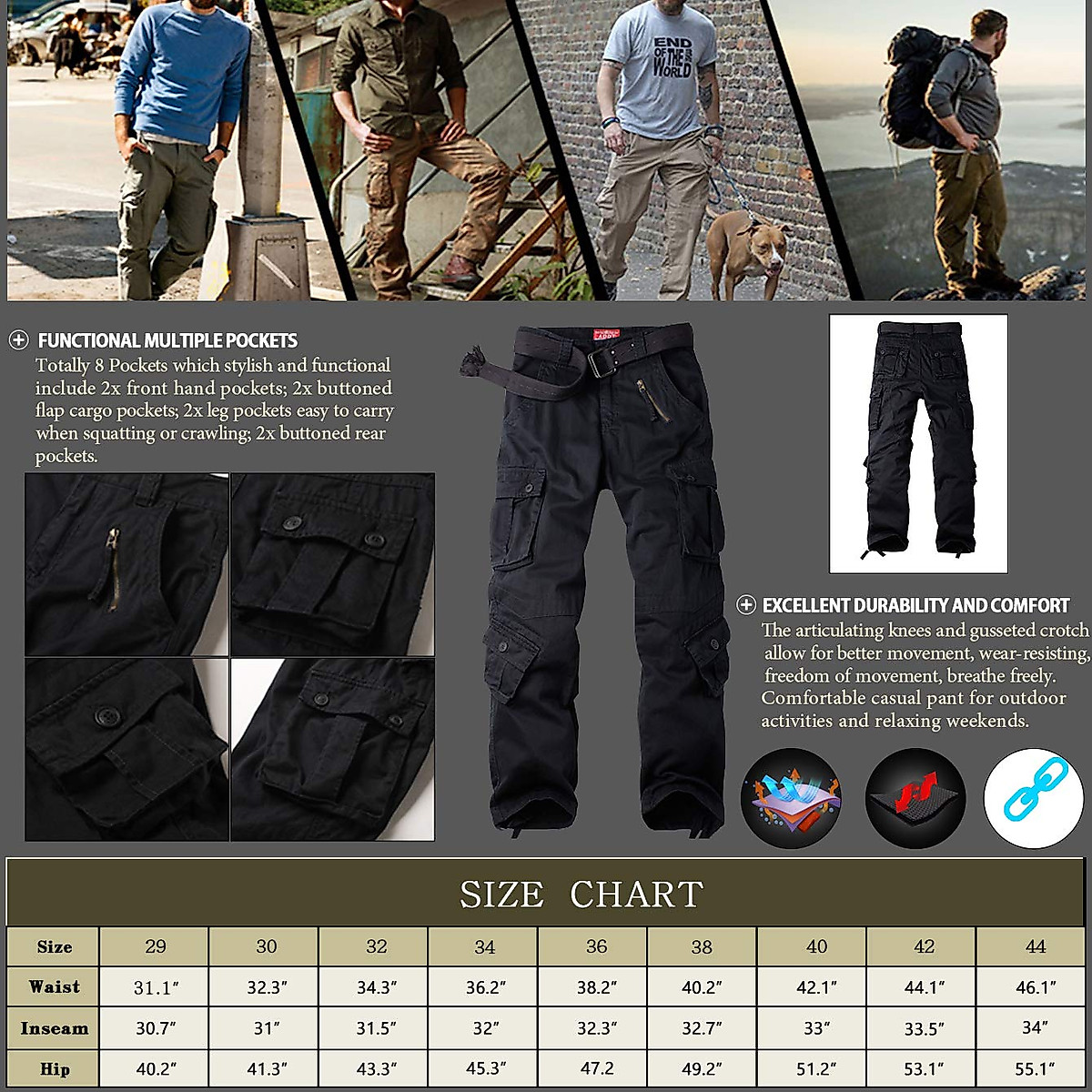 AKARMY Men's Casual Cargo Pants Military Army Camo Pants Combat Work Pants with 8 Pockets Royal Blue 42