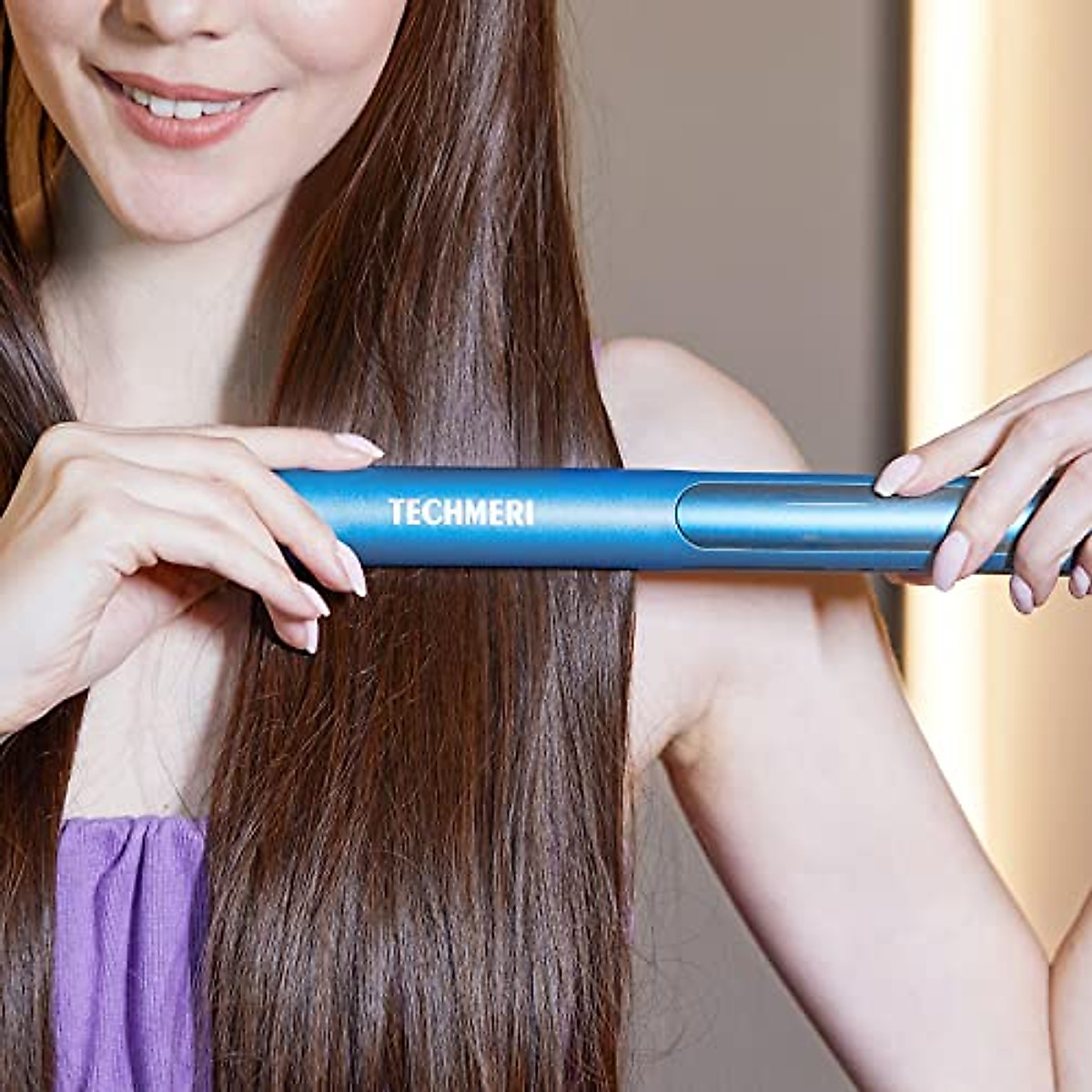 TECHMERI Hair Straightener and Curler 2 in 1, Flat Iron Hair Straightener with 5 Temp, Titanium Flat Iron with Dual Voltage, Blue