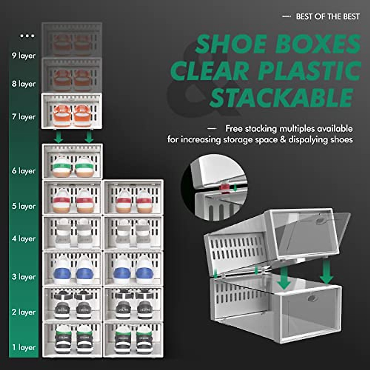 Durable Shoe Boxes Clear Plastic Stackable, Sturdy Hard Plastic Shoe Storage Boxes, Pure Clear Shoe Boxes Stackable, Space Saving Shoe Box Sneaker Storage Shoe Containers Medium Size Shoe Case 12PACK (Clear-8Pack)