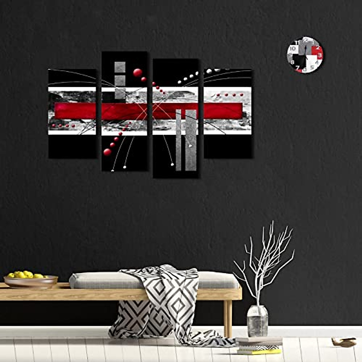 YPY Large Black Red Canvas Wall Art - 4 Panels Modern Abstract Picutre Set for Home Decoration - Contemporary Painting Artwork Ready to Hang Living Room Bedroom W48 x H36