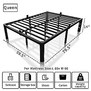 ROIL 14 inch Metal Queen Bed Frame with Rounded Corner and Headboard Hole Mattress Retainers 3500LBS Heavy Duty Steel Slats No Box Spring Needed Platform Noise-Free Easy Assembly
