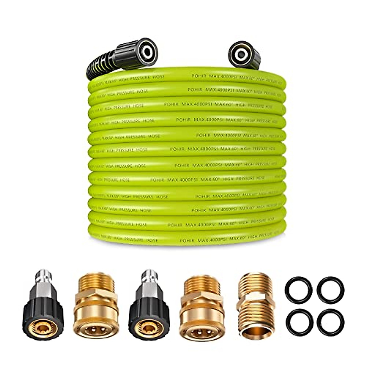 POHIR 100ft Pressure Washer Hose M22 Fittings, 4000 PSI High Pressure Replacement Hose M22 14/15mm Thread, Flexible Extension Hose with 3/8 Quick Connect Adapters for Power Washing