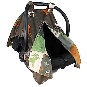 Dear Baby Gear Deluxe Reversible Car Seat Canopy, Custom Minky Print, Faux Quilt Rust Adventure and Moose on Brown