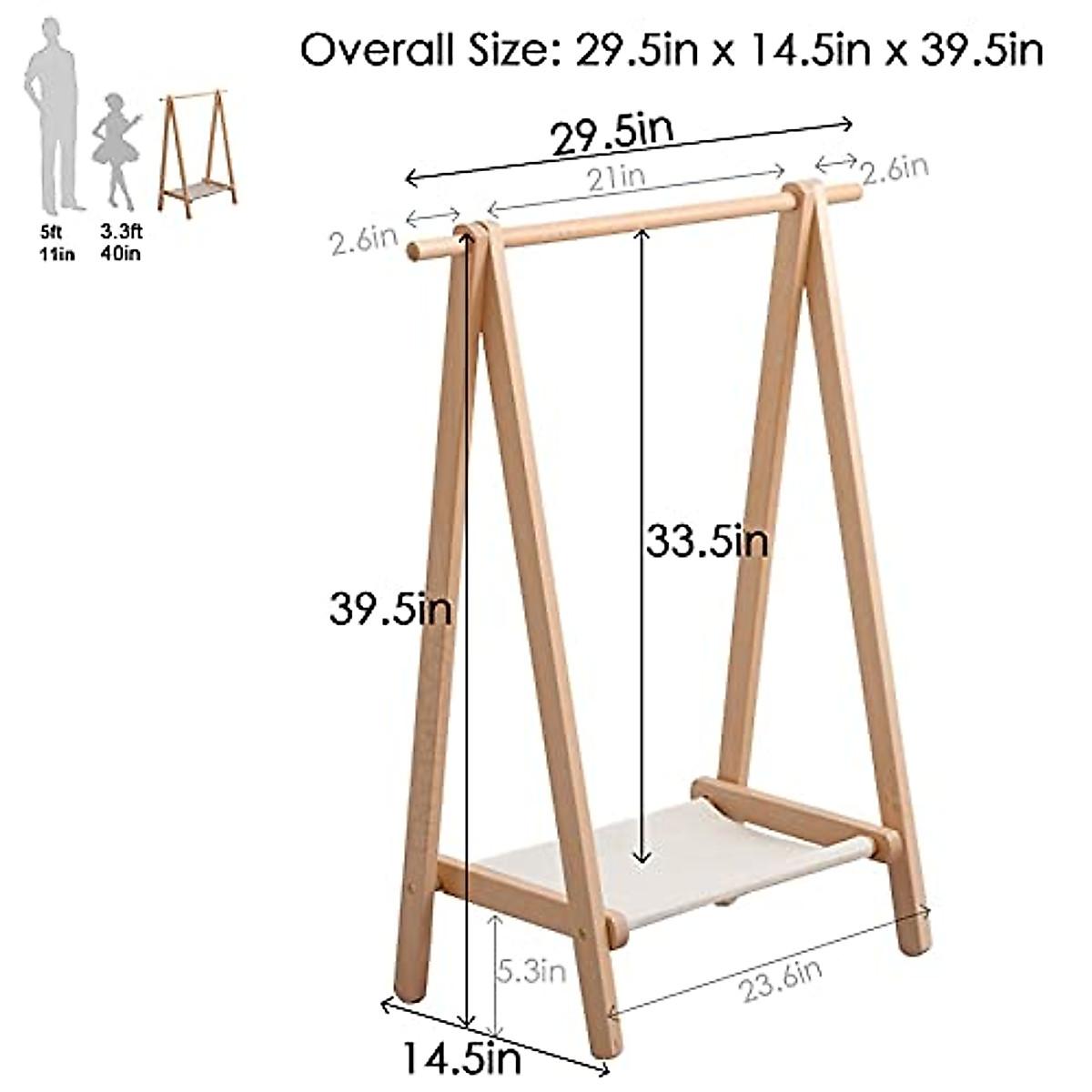 VOGUSLAND Dress up Rack, Child Garment Rack, Kids Clothing Rack with Storage Shelf (Natural Beech, 29.5" L x 14.5" W x 40" H)