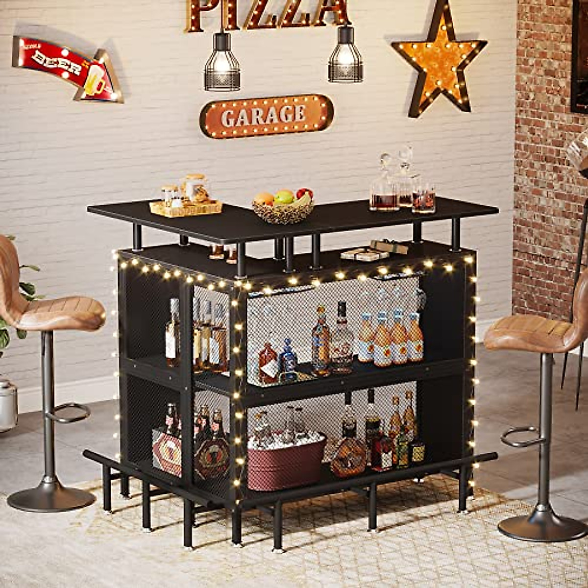 Tribesigns Home Bar Unit, L-Shaped Liquor Bar Table with Stemware Racks and 2-Tier Shelves, Corner Mini Bar Cabinet Coffee Bar Table with Footrest for Home/Kitchen/Bar/Pub, Bar Table, Black