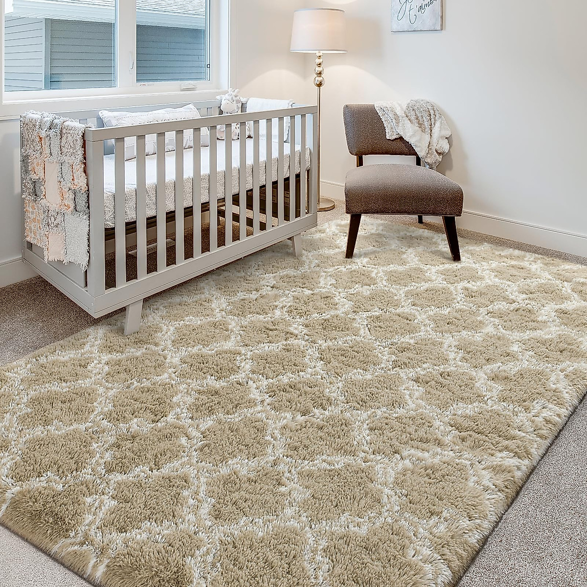 Hutha 8x10 Shag Large Area Rugs for Living Room, Beige and White Modern Super Soft Bedroom Carpet, Moroccan Luxury Geometric Plush Fluffy Rug for Kids Nursery Girls Room Indoor Home Decor