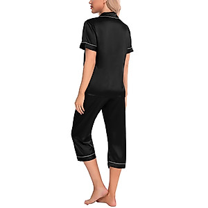 SWOMOG Satin Pajama Set Women Silk Pjs Set Short Sleeve 2 Piece Button Down Sleepwear Lounge Sets Black