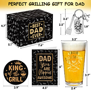 Grill Father Gift Set Funny 16oz Whiskey Beer Glass BBQ Grilling Best Dad Ever Keychain King of the Grill Coaster Gift Blanck Gold Thank You Card for Dad Husband Fathers Day Christmas Gift for Men