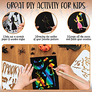 OuMuaMua 77pcs Halloween Scratch Art for Kids - Rainbow Scratch Paper Arts and Crafts Kit, Pumpkin Ghost Zombie Witch Scratch Art Hanging Ornaments for Halloween Birthday Kids Activities Gifts