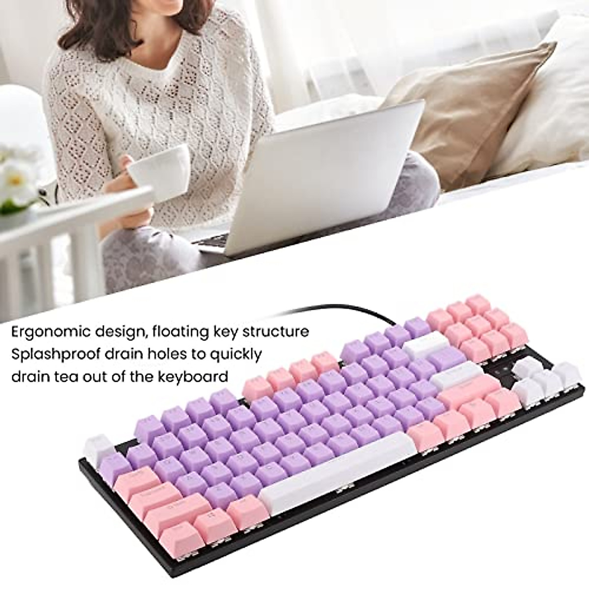 Zyyini Red Switch Mechanical Keyboard, 87 Key 26 RGB Backlit Ergonomic USB Wired Compact PC Keyboard Waterproof Mechanical Gaming Keyboard for Win Laptop PC Gamer(Pink White)