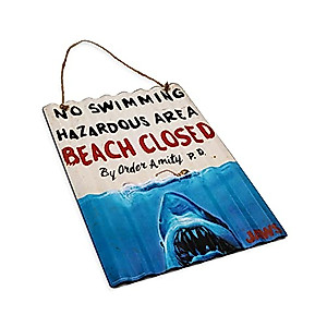 JAWS "Beach Closed" Corrugated Tin Sign Hanging Wall Art | Steven Spielberg Classic Movie Gifts and Collectibles | 12 x 16 Inches