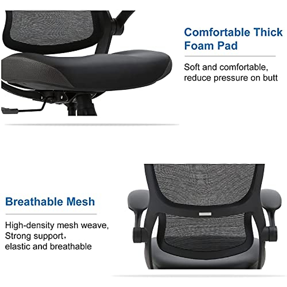 Office Chair Ergonomic Desk Chair - Leather Cushion Mesh High Back with Lumbar Support Computer Chair, Adjustable Flip Up Arms, Home Office Desk Chair