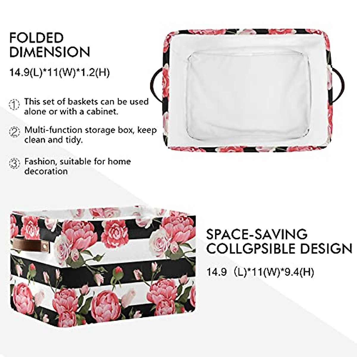 Oyihfvs Floral Peony and Roses Flowers On Black White Stripes Square Shelves Storage Basket Bin, Waterproof Laundry Hamper Bucket, Baby Nursery Organizer with Handles for Toys Clothes Room Closets
