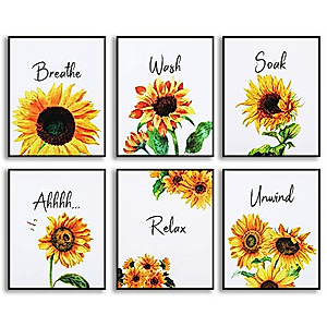 6 Pieces Sunflower Bathroom Decor Accessories Yellow Bathroom Decor Relax Soak Unwind Wall Painting Art Women Girls College Living Room Bathroom Nursery, No Frame (Stylish Color)