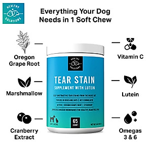 Tear Stain Remover for Dogs Plus Lutein - Supplement for White Dogs & All Other Dog Breeds - Eliminates Unsightly Eye Tear Stains for Dogs & Cats - 65 Soft Chews Enhanced with Cranberry Extract