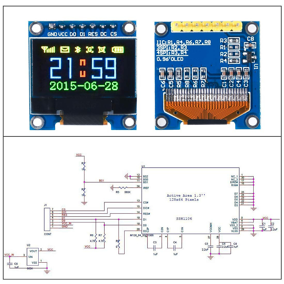 UMLIFE 0.96" 7 Pin SPI 128x64 OLED Display Module, 6PCS 0.96 Inch SSD1306 LCD Display Module 12864 Characters DC3-5V for 51 STM32 for Arduino
