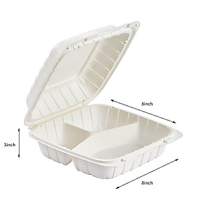 8X8" 3Compartment 50-Pack Plastic Clamshell Take Out Food Containers, Heavy Duty To-go Disposable Lunch Box For Cake, Sandwich, Salad, Dessert, Restaurant Meal Prep Packaging Catering Hinged Container