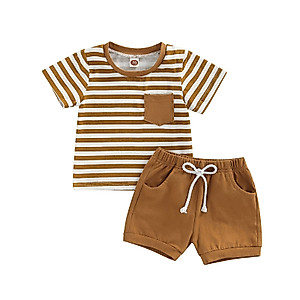 VISGOGO Baby Boys Summer Outfits Set Short Sleeve Striped T-Shirt Tops + Solid Color Short Pants 6 12 18 24 Months 2T 3T (A-Brown, 2-3 Years)