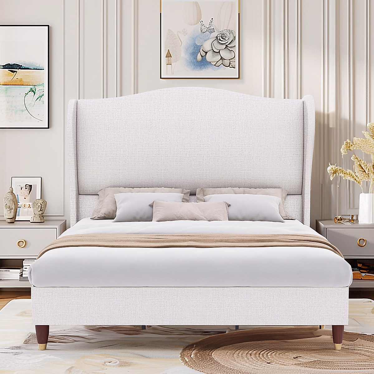 HALLYBEE 51.4" H King Size Bed Frame with Headboard Lined Fabric Upholstered Platform Bed Frame Wingback Design Chic and Elegant Bed Frame No Box Spring Needed, Mattress Foundation, White
