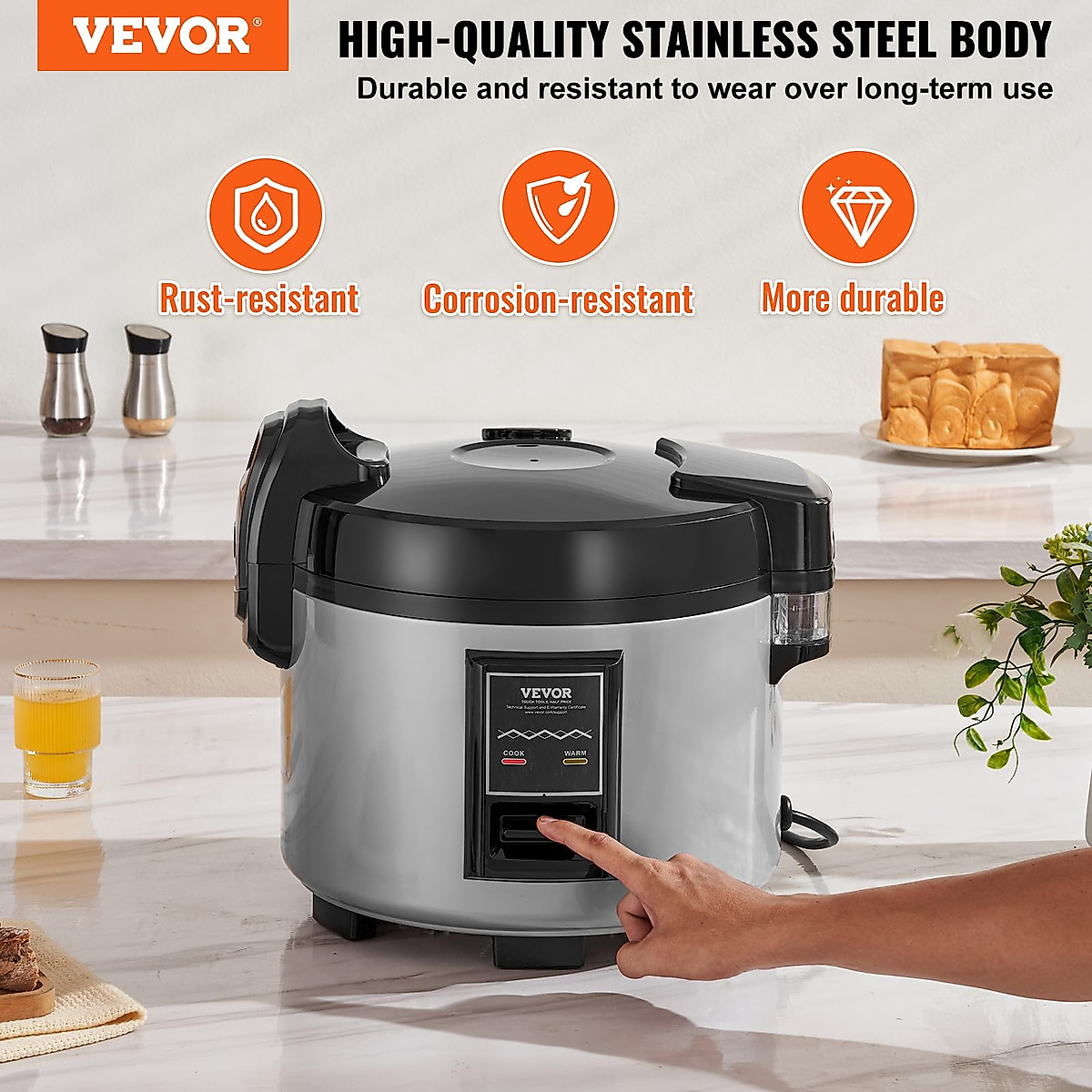 VEVOR Commercial Rice Cooker, 13.74Qt/60 Cups Cooked Rice, Large Rice Cooker and Warmer with Nonstick Inner Pot, Fast Cooking and 12-Hour Keep Warm, with Rice Cup and Paddle, for Restaurant