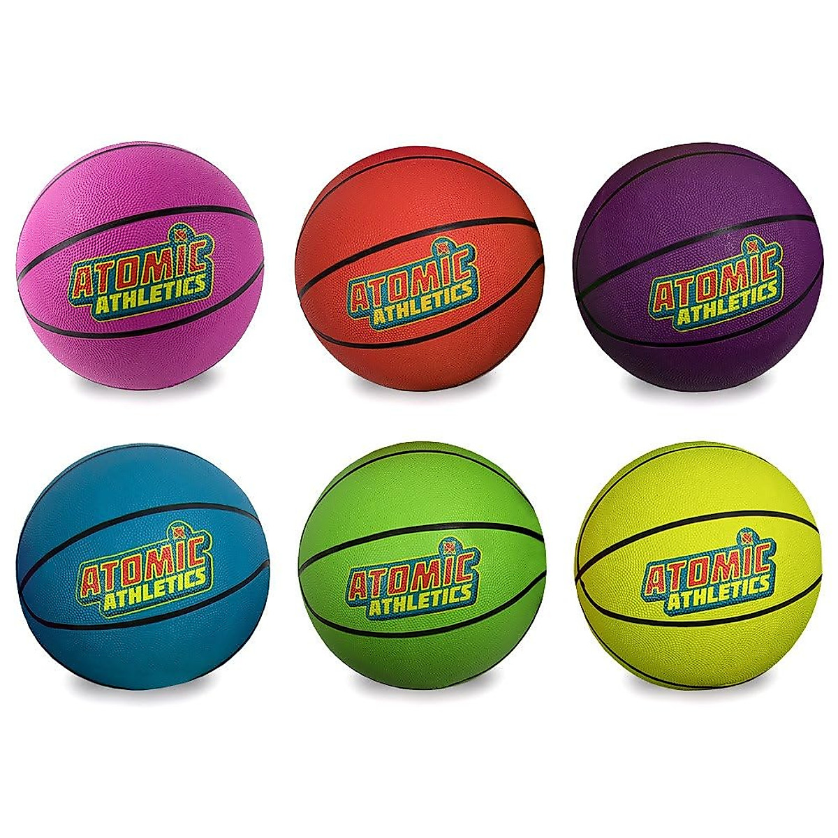 K-Roo Sports Atomic Athletics Neon Rubber Playground Balls - 6 Pack of Regulation Size, includes Pump & Storage Bag - Basketball