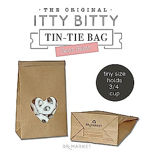 BR Market Kraft Paper Treat Bags - Extra Small with Heart Window, 50 Pcs, 3.3 x 5.5 x 2 Inch, Tin Tie Tab Lock, Brown Window, Perfect for Cookies, Coffee, Weddings