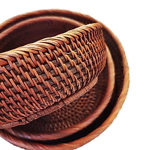 AMOLOLO 9 Inch Round Rattan Bowl Basket, Handmade Wicker Basket Tray with Scalloped Edge and 3”Deep Wall, Decorative Woven Dark Brown Bread Basket Fruit Bowl Key Holder Table Centerpiece, M