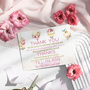 Fancy Floral Baby Shower Thank You Cards with Envelopes Blank Notes Prefilled Message Girls Personalize for Registry Gifts Pink Butterfly and Floral Notecard Set 4x6 Stationery, 15 Pack