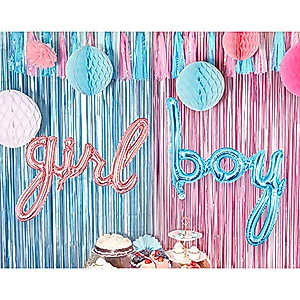 Gender Reveal Decoration Set - Metallic Fringe Curtains + BOY Girl Foil Balloons Gender Reveals Party Photo Backdrop (Pink/Blue)