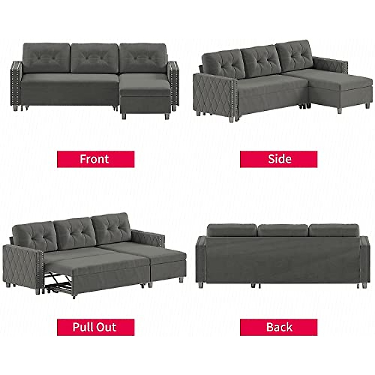MUZZ Pull Out Sleeper Sofa with Storage, Reversible Pull Out Sofa Couch, L-Shaped Sectional Sofa with Chaise and Pocket, Ideal for Living Room, Apartment and Office (Dark Grey)