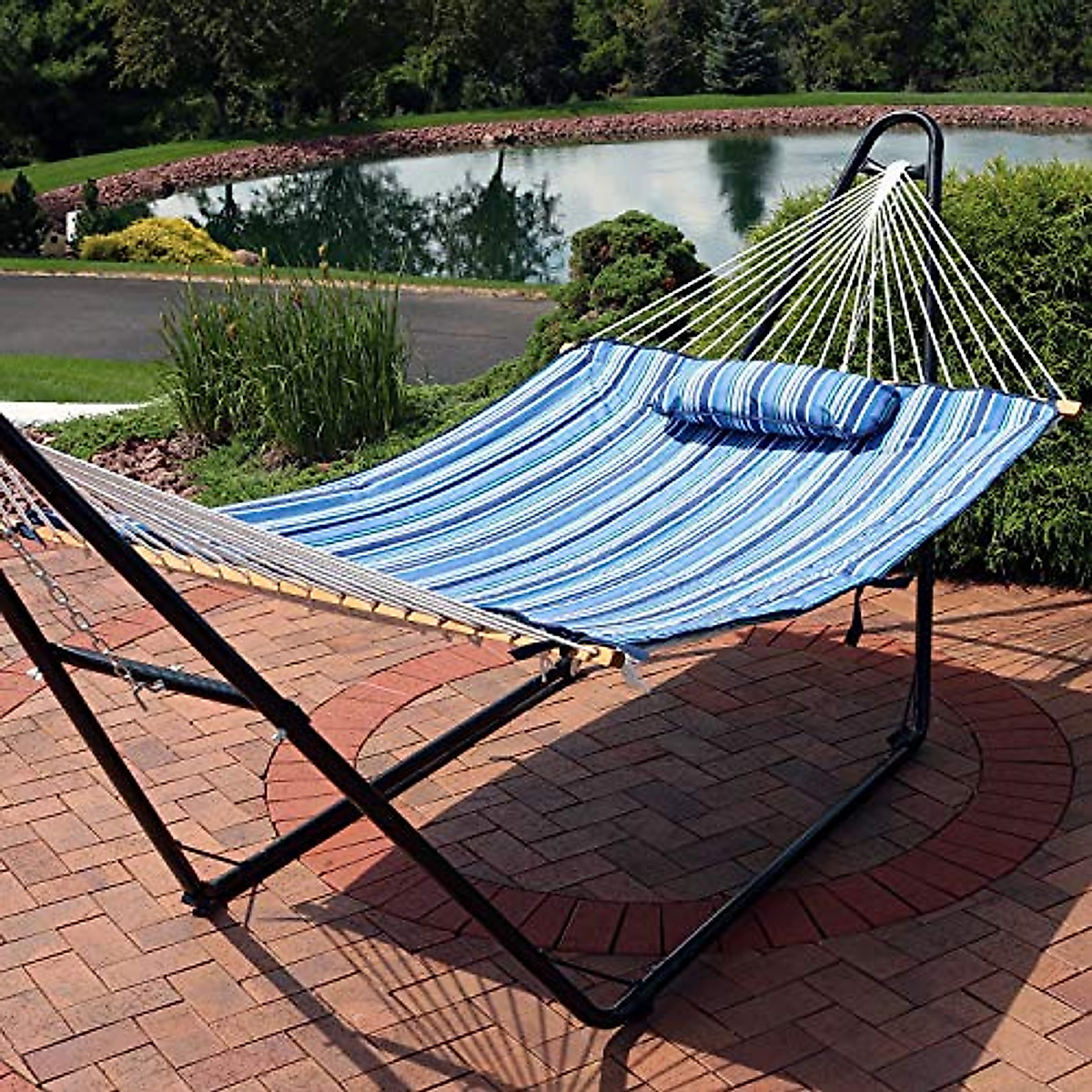 Sunnydaze Polyester Quilted Hammock Pad and Pillow Set Only - Durable Outdoor Rope Hammock Accessories - Replacement Hammock Pad - Breakwater Stripe