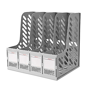 SAYEEC 4 Compartment File Holder Folder Grid Bookshelf Magazine Organizer Plastic File Frame Desktop with Blank Labels A7 Notebook Storage Assemble File Box for Work/Office/Study