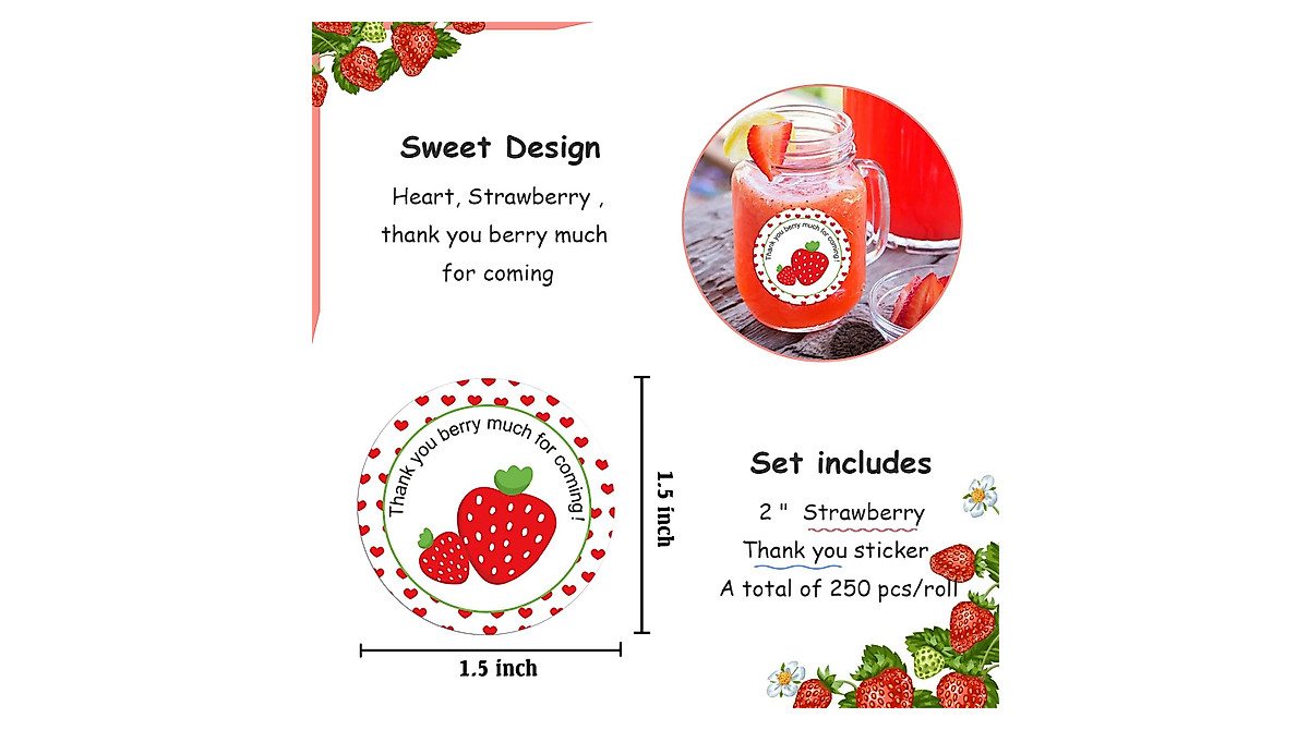 Strawberry Thank You Stickers - 250 Pcs for Parties