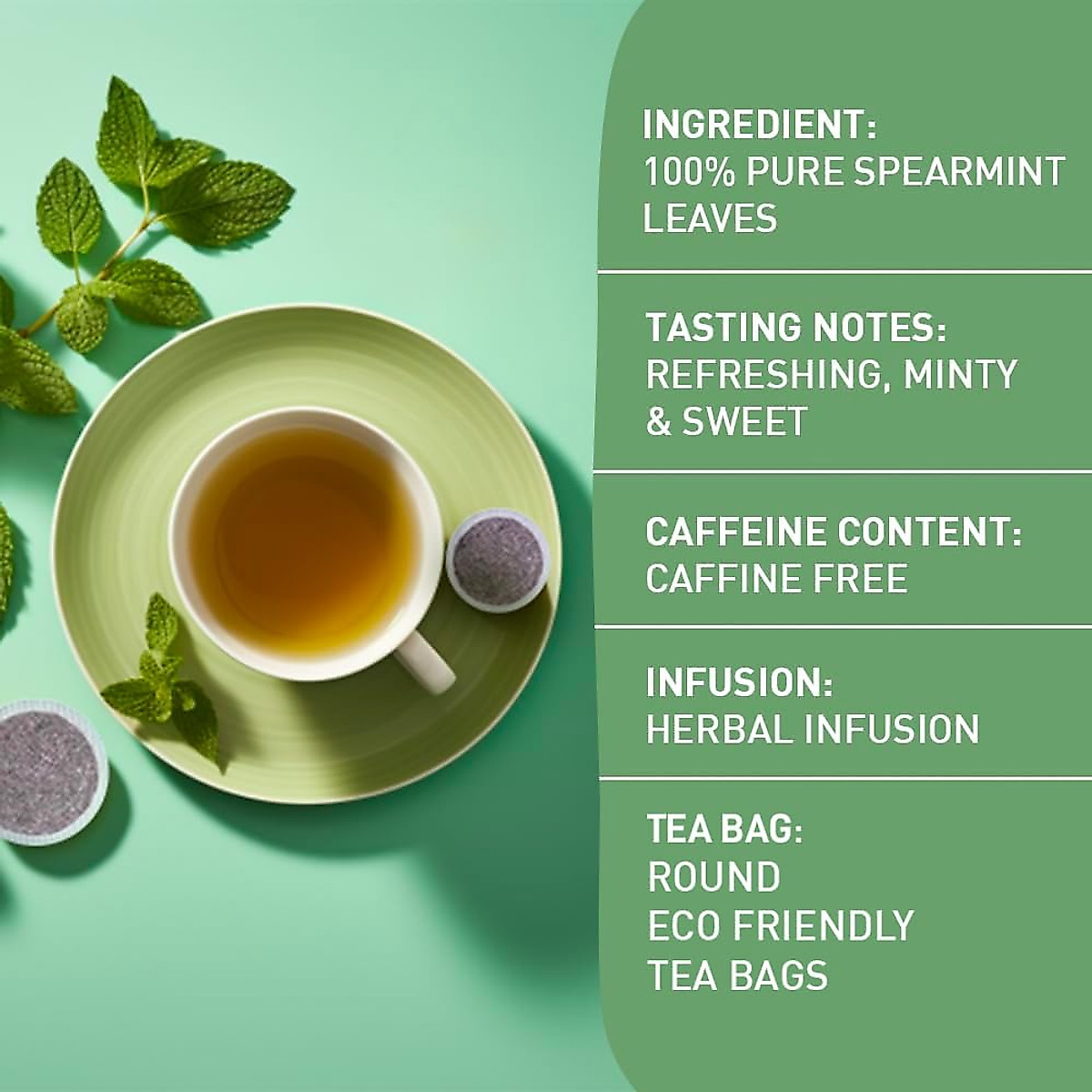 HANDPICK, Spearmint Tea Bags (100 Herbal Tea Bags) Premium Spearmint Leaves, Caffeine Free | Non-GMO, Gluten Free | Round Eco-Conscious Tea Bags | Light & Fresh