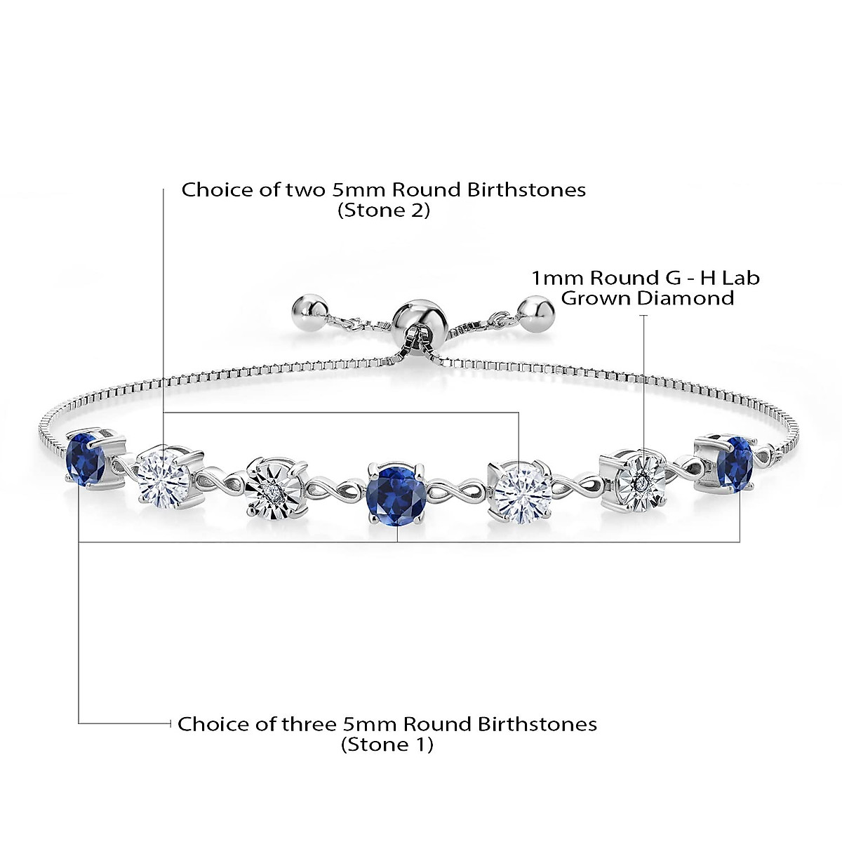 Gem Stone King 925 Sterling Silver Customized and Personalized 7-Stone 5MM Round Gemstone Birthstone and White Lab Grown Diamond Tennis Bracelet For Women