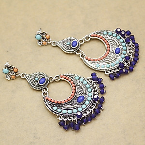 RechicGu Retro Silver Women Indian Earrings Tribal Vintage Crescent Blue Stone Jhumki Jhumka Banjara Kuchi Belly Dance Gypsy Oxidized Earrings