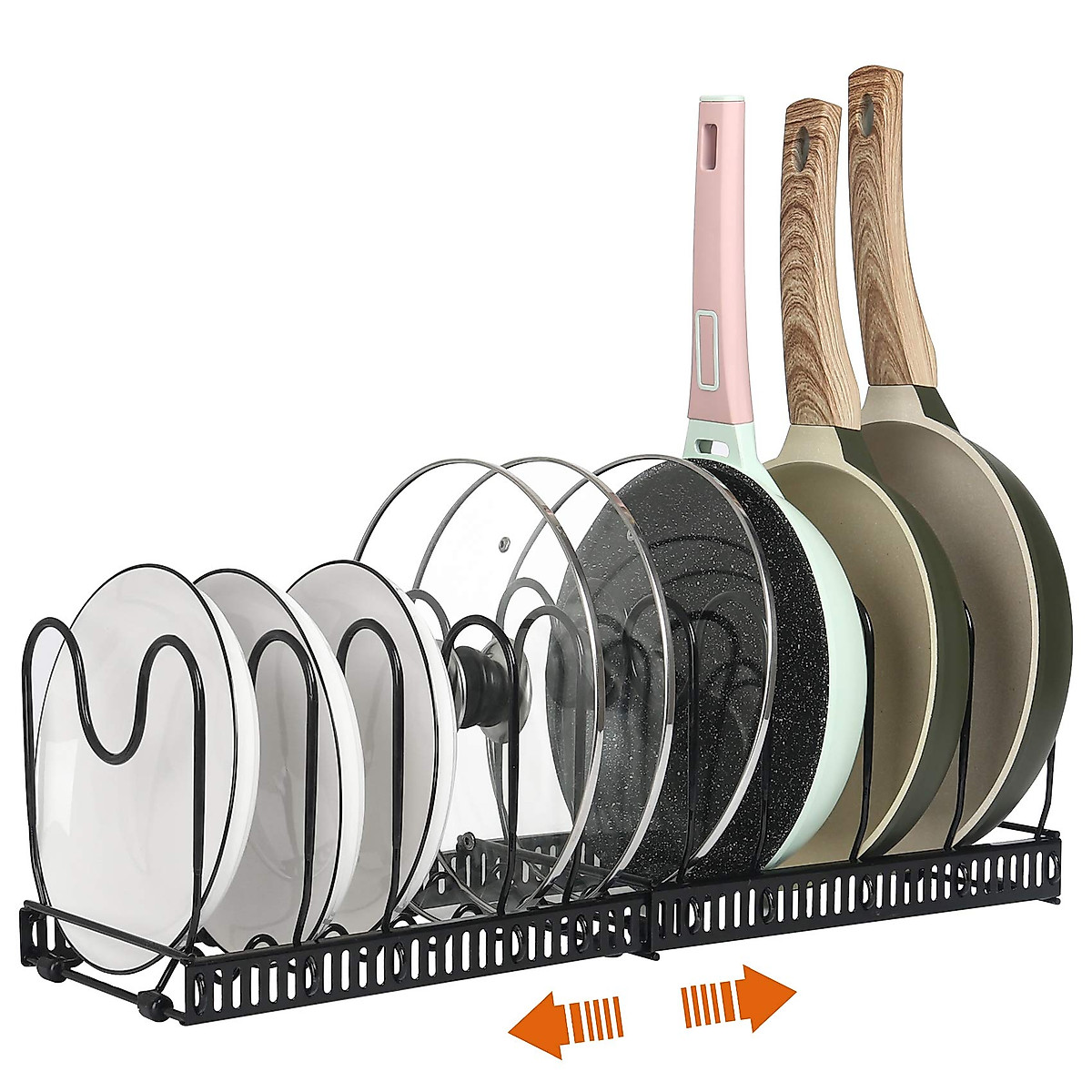 ROOHUA Pot Rack -Expandable Pan Organizer for Cabinet, Lid Holder with 10 Adjustable Compartment for Kitchen Cabinet Cookware Baking Frying Rack