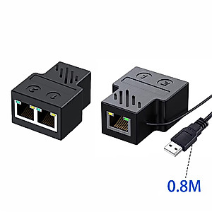 RJ45 Network Splitter Adapter,Wuedozue 1 to 2 Dual Female USB to RJ45 Port with USB Power Cable LAN Interface Ethernet Socket Connector 8P8C Extender Plug Go Online Simultaneously for Cat6, Cat7
