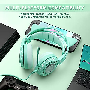 SOMIC G951S Green Gaming Headset with Microphone for PS4, PS5, Xbox One, PC, Cat Ear Headphones Over Ear with in-Line Mic Control, Stereo Sound for Girls, Woman