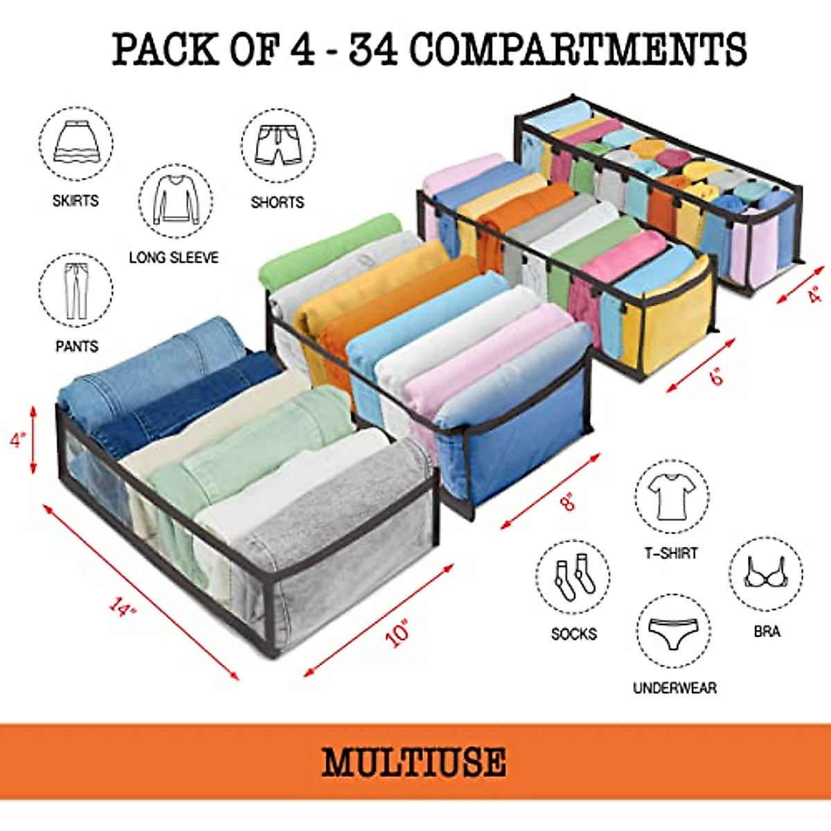 MAGIC HOME USA Drawer organizer, 4 piece set, soft plastic, closet organizers and storage, drawers dividers for clothes, transparent with black edge, works with KonMari folding method (Black)