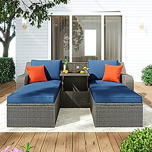 Merax 3 Pieces Patio Furniture Set Outdoor Conversation Wicker Rattan Sofa Chair, Lift Top Coffee Table and Ottomans, Blue