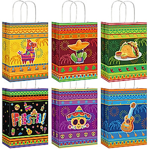 Pajean 18 Packs Fiesta Party Favor Bags with Handles, Cinco De Mayo Candy Bags Mexican Themed Paper Gifts Bags for Birthday Baby Shower Bridal Mexico Party Favor Supplies